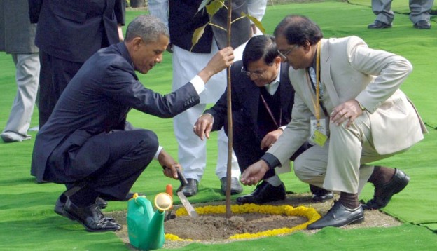 US President Barack Obama Planting a Tree at Rajghat in Delhi